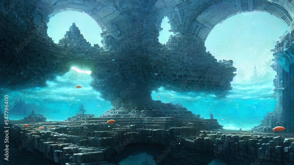 Ancient majestic sunken city of Atlantis civilization. Fantasy city at ...