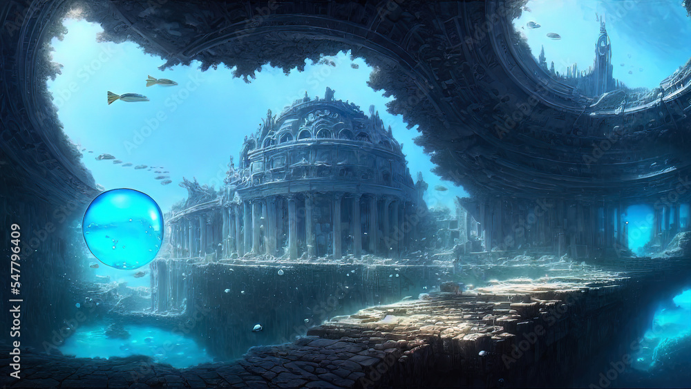 Ancient majestic sunken city of Atlantis civilization. Fantasy city at ...