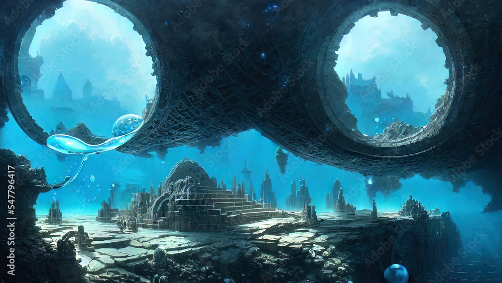 Ancient majestic sunken city of Atlantis civilization. Fantasy city at ...