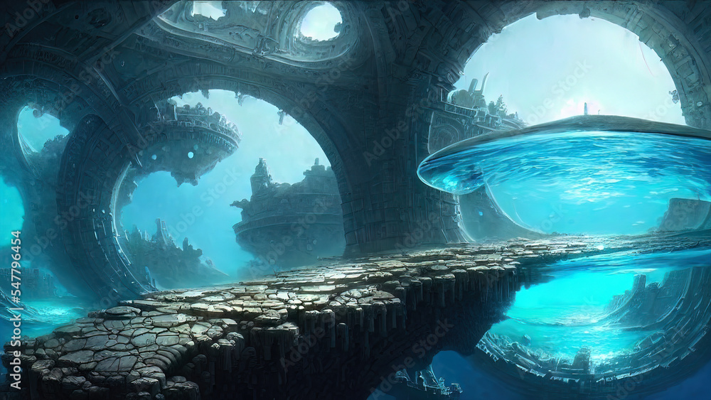 Ancient majestic sunken city of Atlantis civilization. Fantasy city at ...