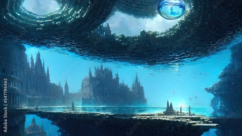 Ancient majestic sunken city of Atlantis civilization. Fantasy city at ...