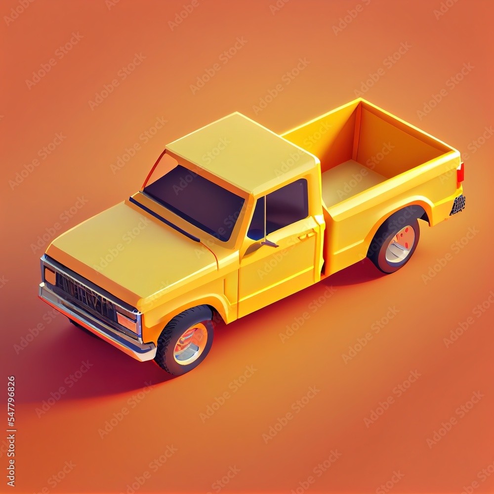 Cartoon retro pickup isolated on yellow background. Isometric ...