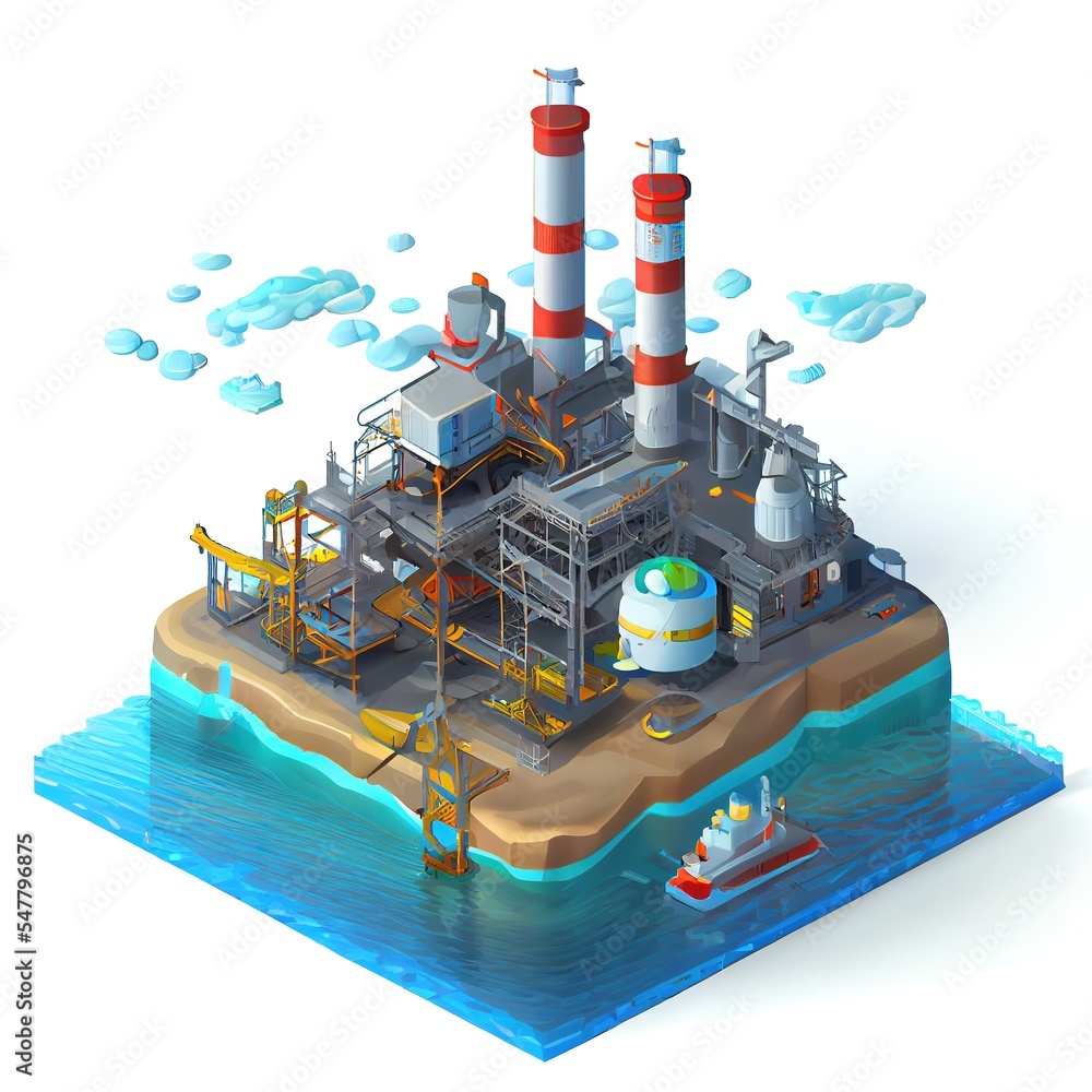 Cartoon refinery factory in the sea isometric diorama isolated on white ...