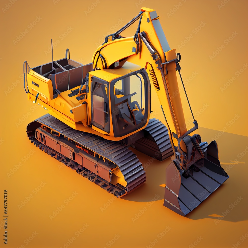 Yellow excavator cartoon model illustrated in style of 3d icon ...