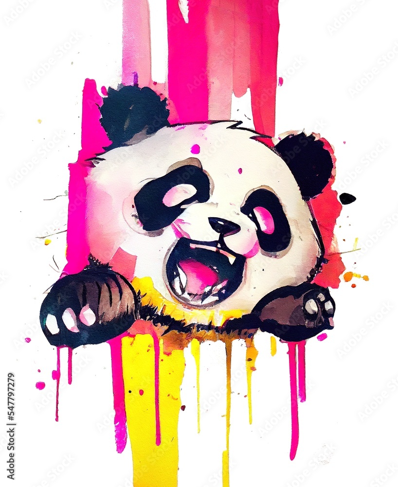 Colorful drawing of the panda bear, with bright paints smudges, spatter ...