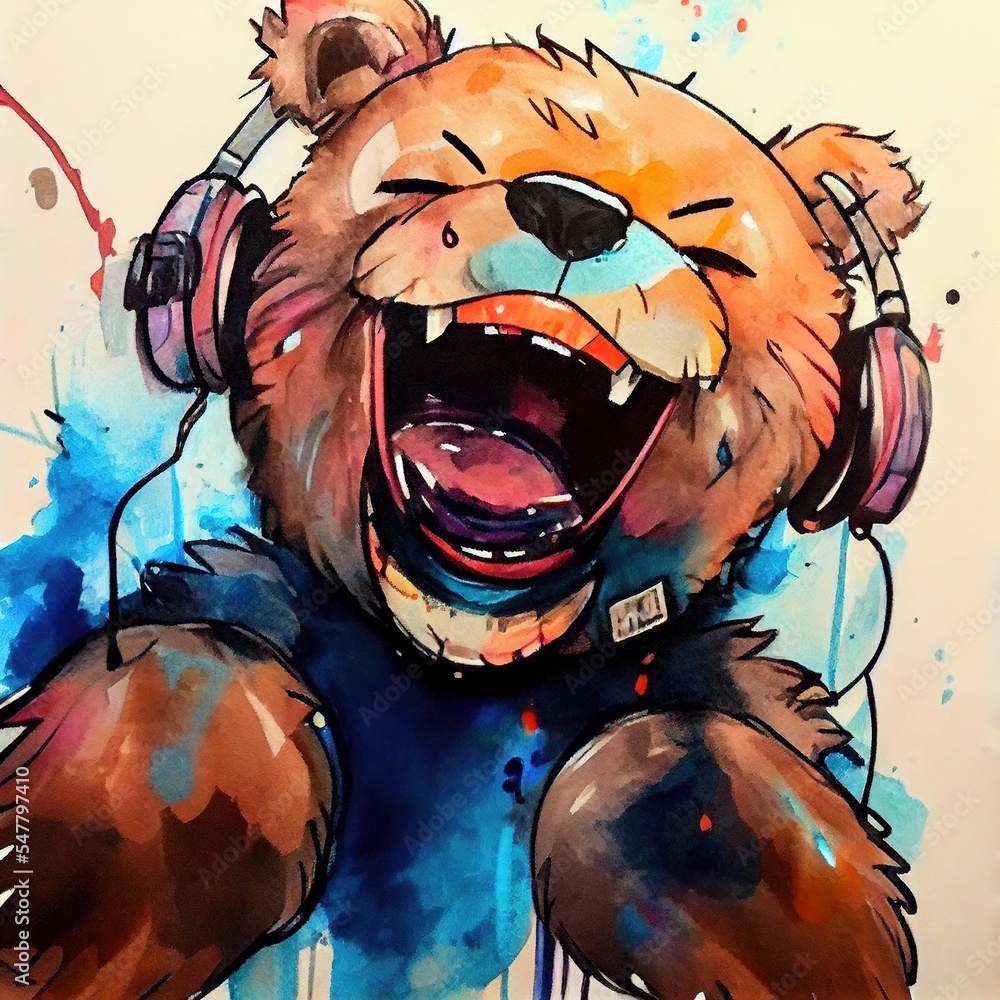 Cute happy teddy bear in headphones. Bright colorful paints smudges ...