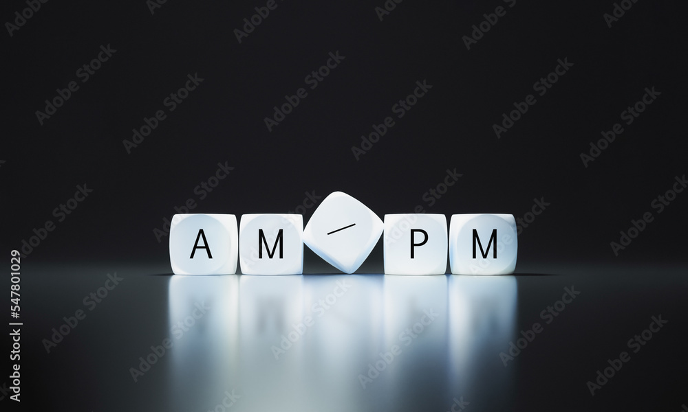 Lightbox, backlit letter cubes with AM/PM sign on black background, 3d ...