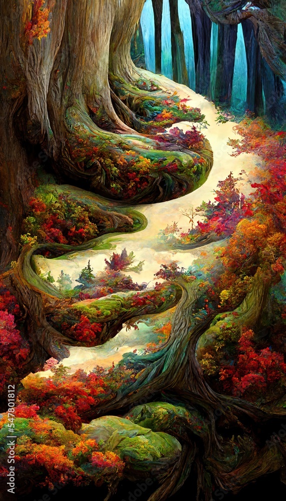 Abstract magical fantasy woods - vibrant autumn fall colors, misty fog ...