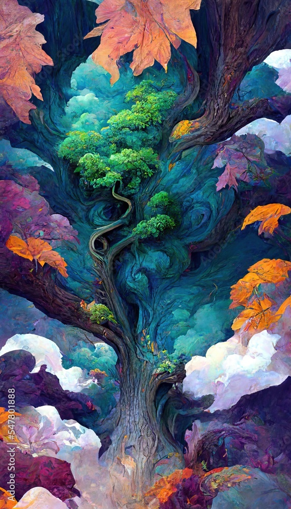 Abstract magical fantasy woods - vibrant autumn fall colors, misty fog ...