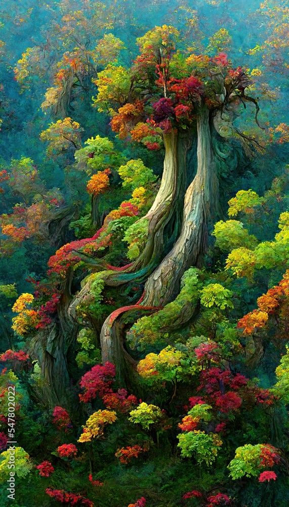 Abstract magical fantasy woods - vibrant autumn fall colors, misty fog ...