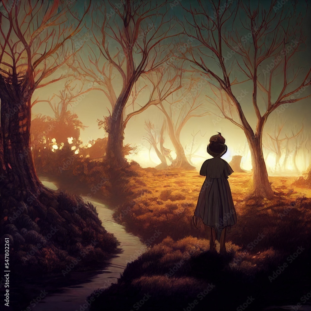 AI-generated image of a little child discovering a misty fairy tale ...