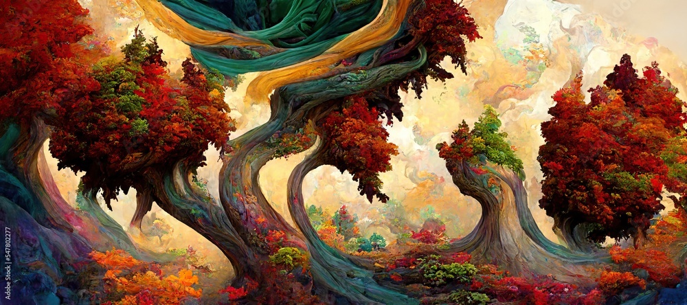 Abstract magical fantasy woods - vibrant autumn fall colors, misty fog ...