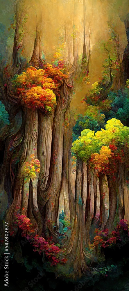 Abstract magical fantasy woods - vibrant autumn fall colors, misty fog ...