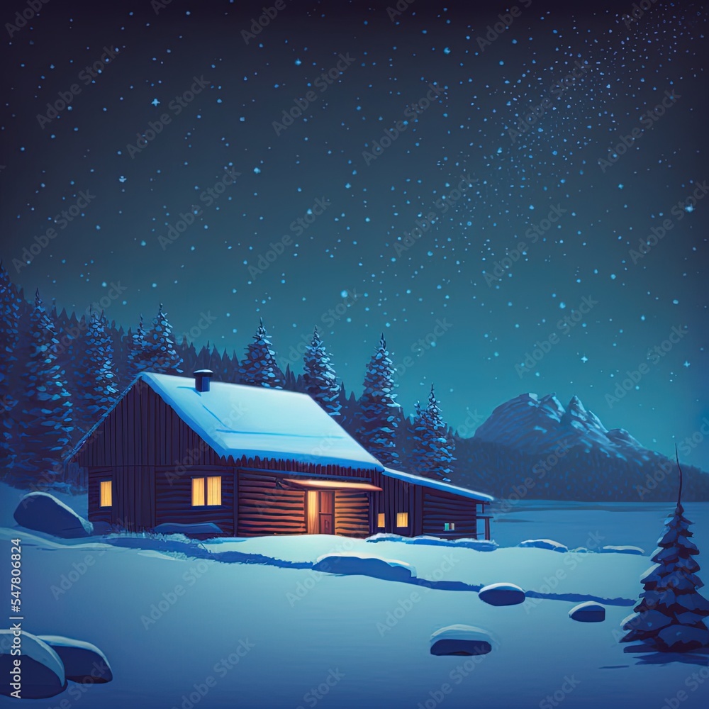 Cabin In Snow At Night