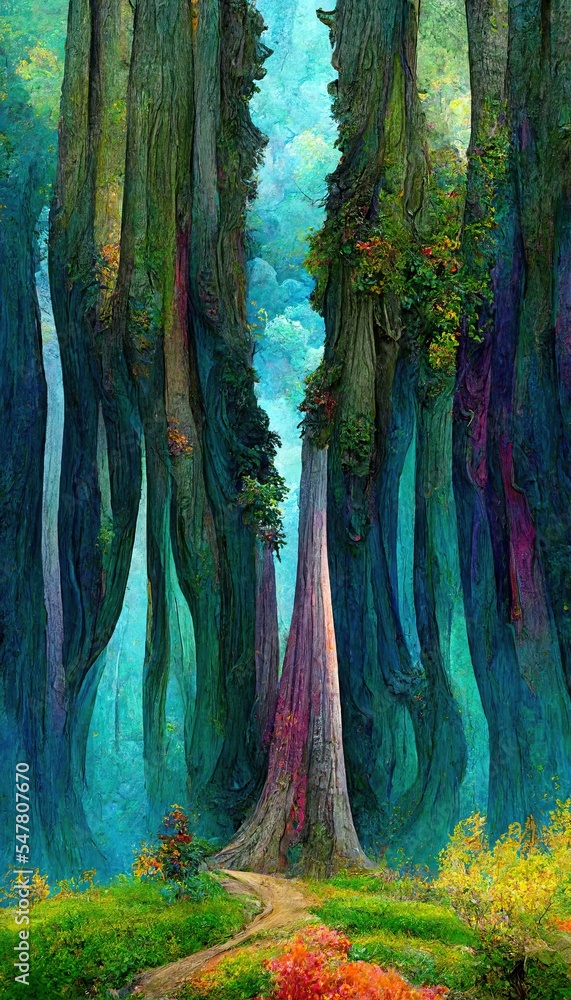 Abstract magical fantasy woods - vibrant autumn fall colors, misty fog ...