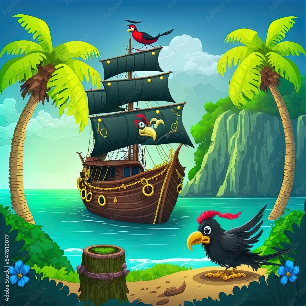 Pirate ship moored on secret island with funny parrot wear corsair ...