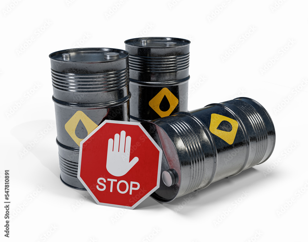 Oil barrels with an oil singnage and a stop sign in foreground. 3D ...