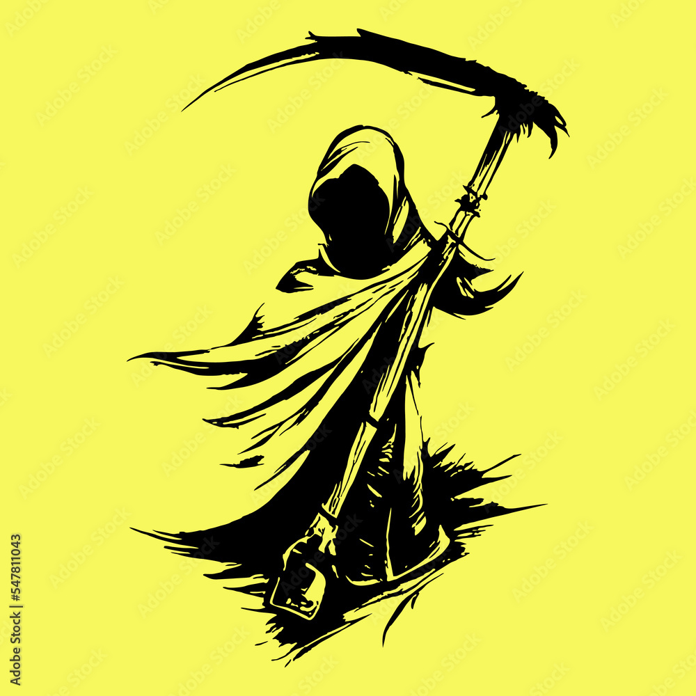 The image of death in black clothes with a scythe in his hands, a black ...