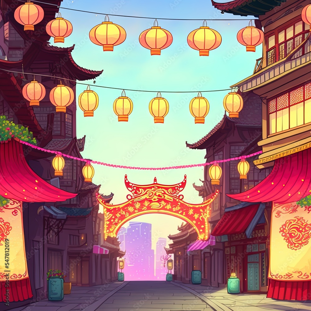 Panorama chinese street with old houses, chinese arch, lanterns and a ...