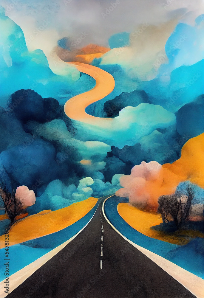 Winding blue road, illustration / poster with overlapping forms and ...