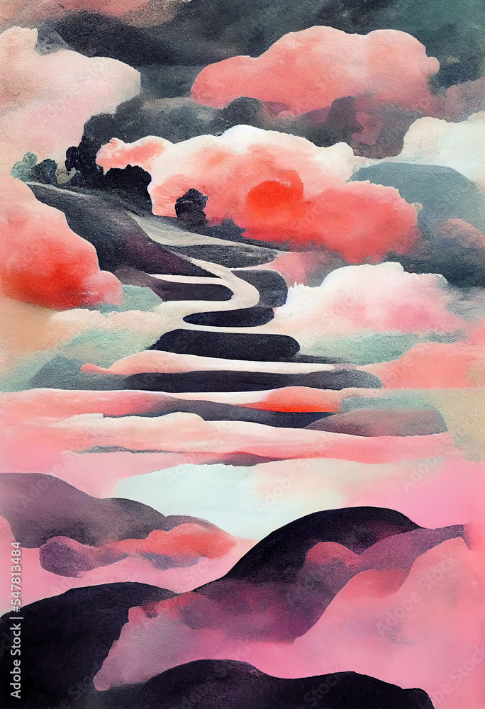 Winding Pink road, illustration / poster with overlapping forms and ...