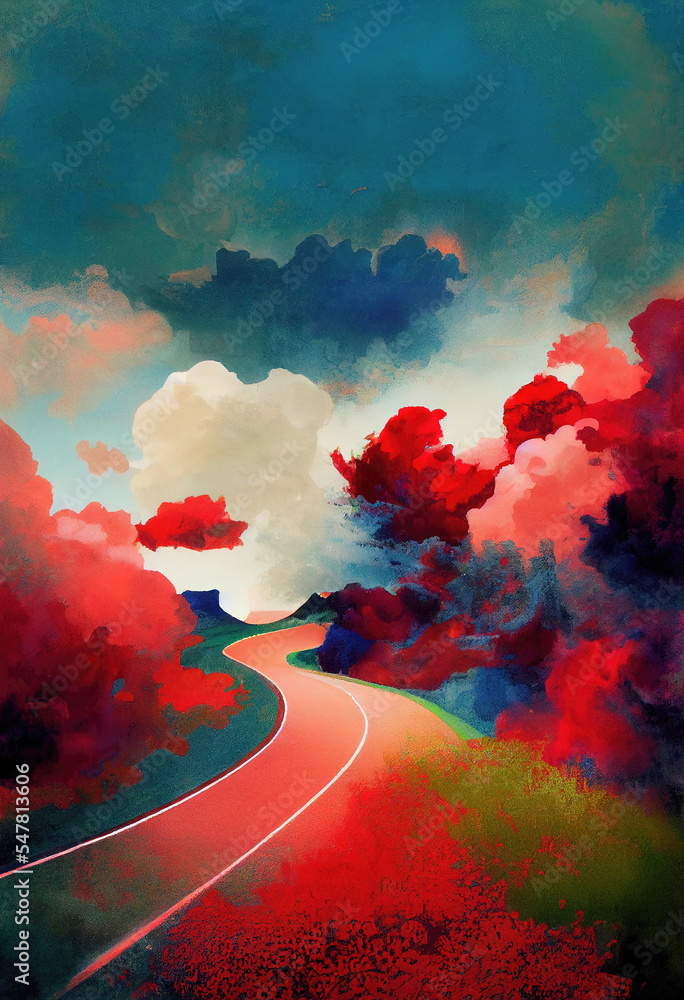 Winding Red and blue road, illustration / poster with overlapping forms ...