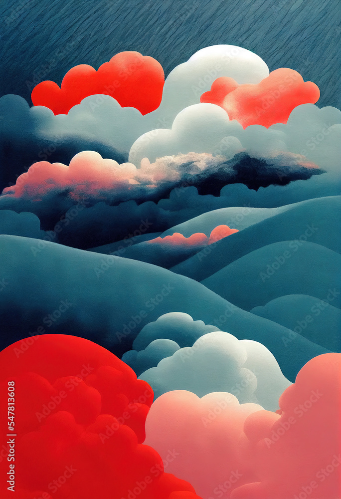 Winding Red and blue road, illustration / poster with overlapping forms ...