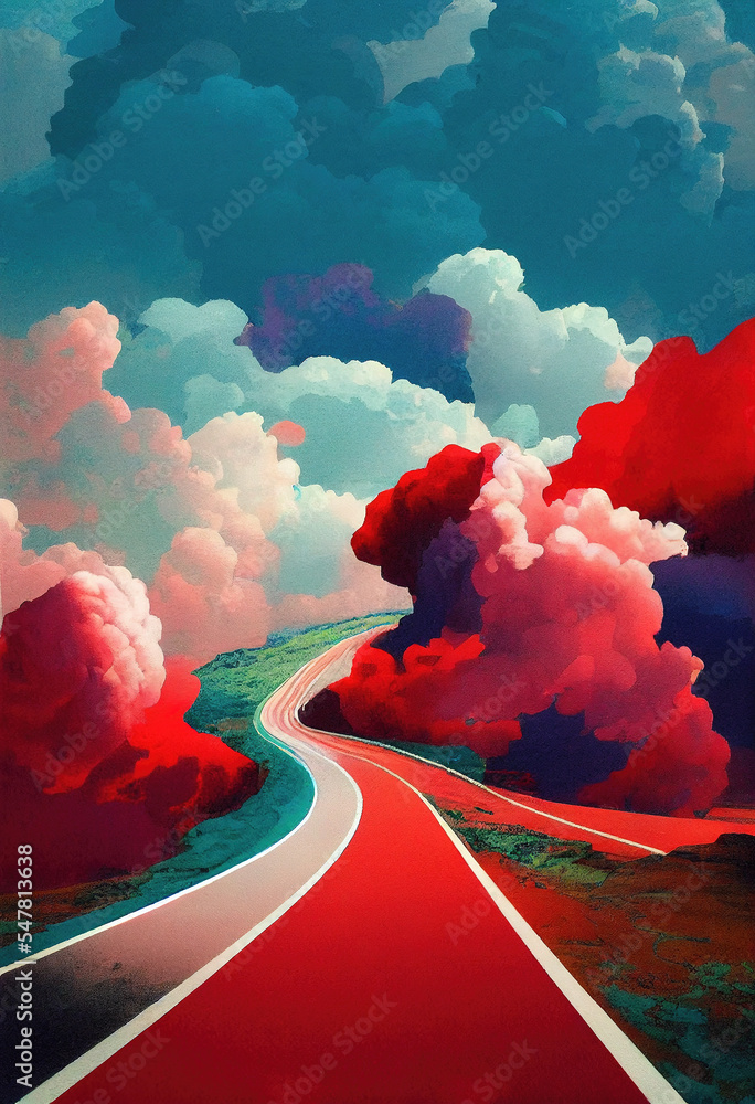 Winding Red and blue road, illustration / poster with overlapping forms ...