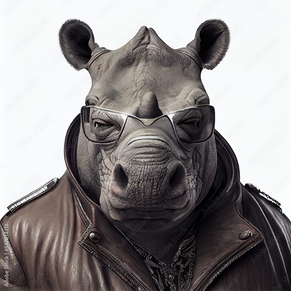 portrait of a rhino in shades and leather jacket, cool rhino Stock ...