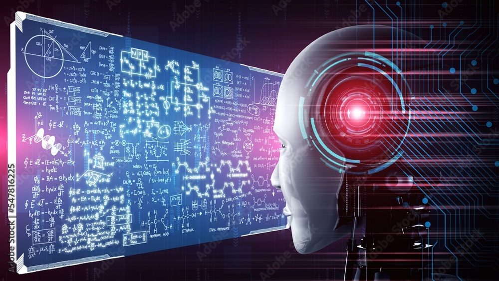 hominoid AI robot looking at hologram screen in concept of math ...