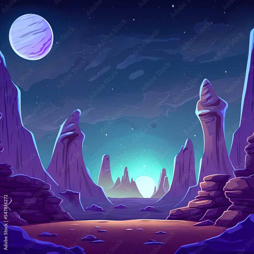Cosmic background, alien planet deserted landscape with mountains ...