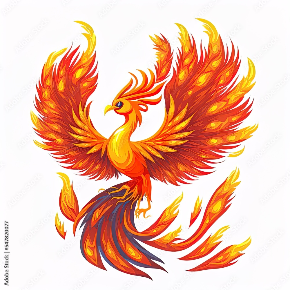 Beautiful phoenix, firebird character with orange burning feathers. 2d ...