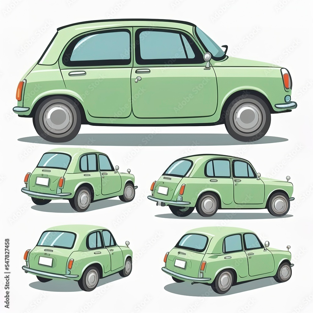 cartoon green car from the back, front and side view. Stock ...