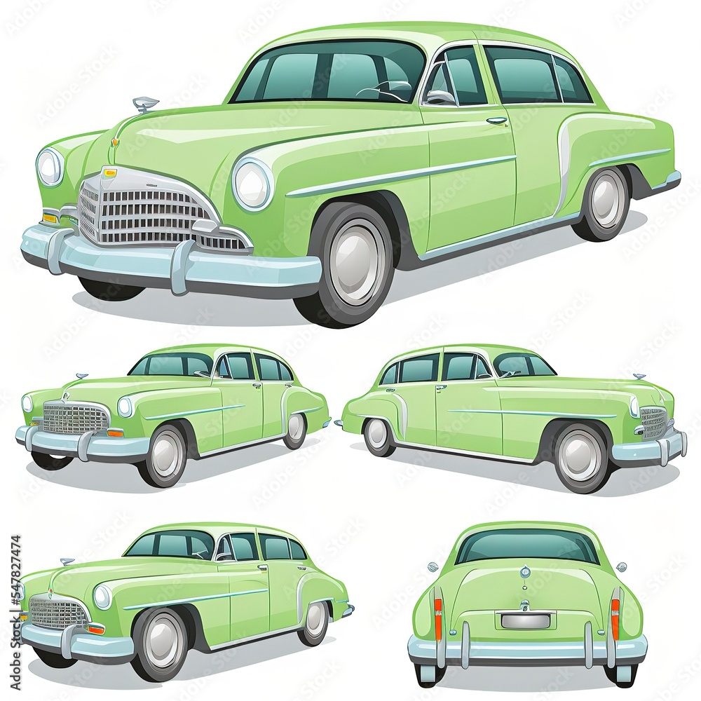 cartoon green car from the back, front and side view. Stock ...