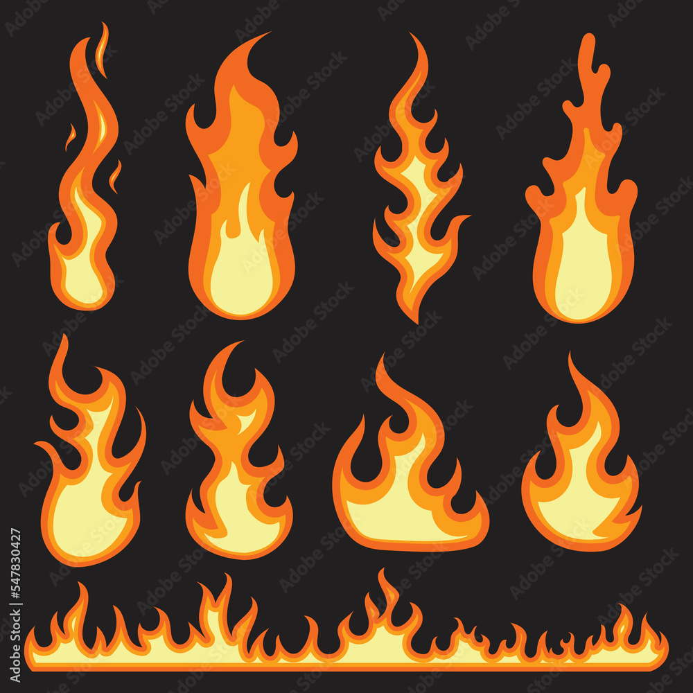 flaming fire vector collection cartoon design isolated dark background ...