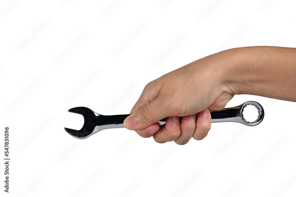 Hand holding a wrench isolated on transparent background. Stock Photo ...