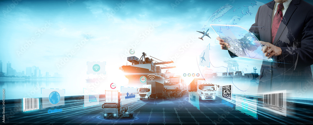 Smart technology logistics concept, Businessman touching virtual screen ...