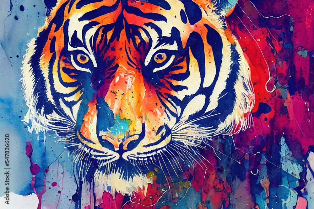 isolated tiger watercolour splashes with ink painting, llustration art ...
