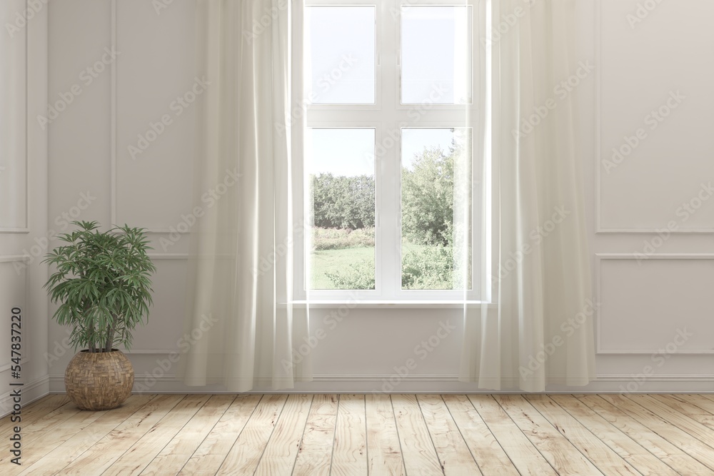 White empty room with summer landscape in window. Scandinavian interior ...