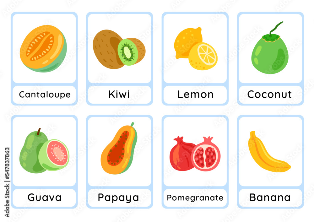 Fruits flashcard collection for children education, printable ...