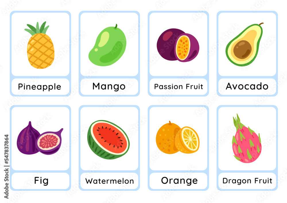 Fruits flashcard collection for children education, printable ...