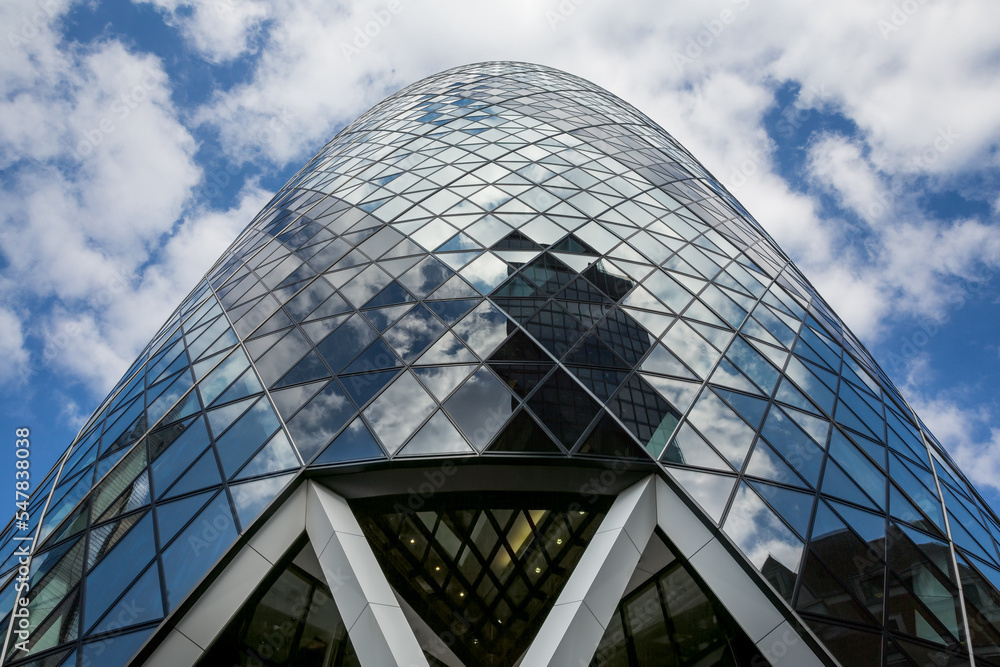 London UK June 10th 2015 : Looking up at St Mary Axe building, also ...