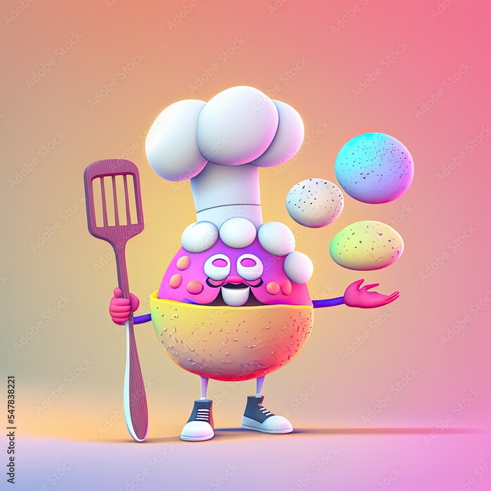 Illustration of a cute 3D squishy character dressed as a chef holding a ...