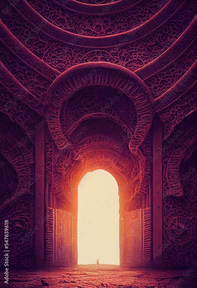 alien arabesque symbols engraved on a gate made of Martian rock ...