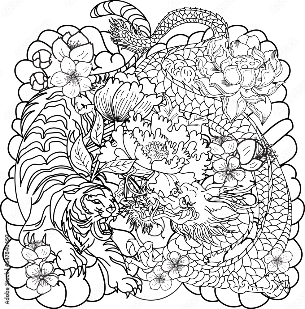 Dragon fighting with tiger tattoo.Dragon and tiger on cloud and red ...
