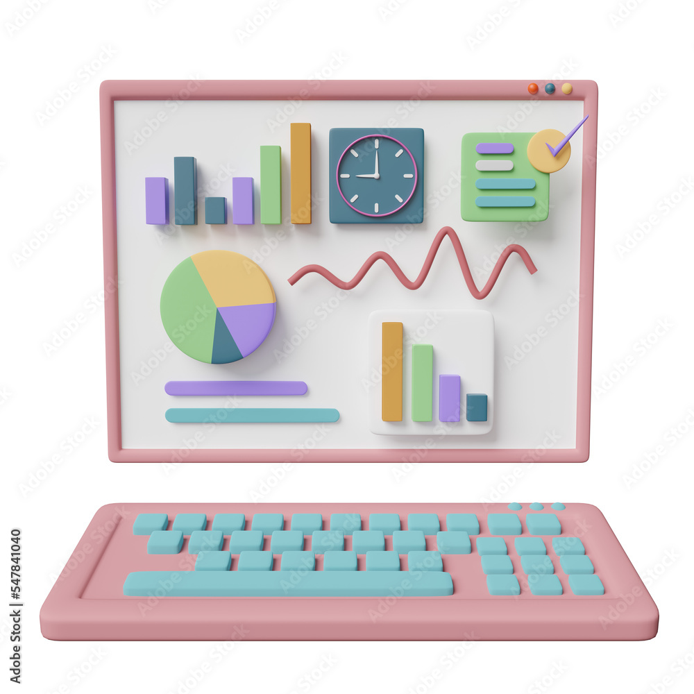 3d laptop computer with charts graph, analysis business financial data ...