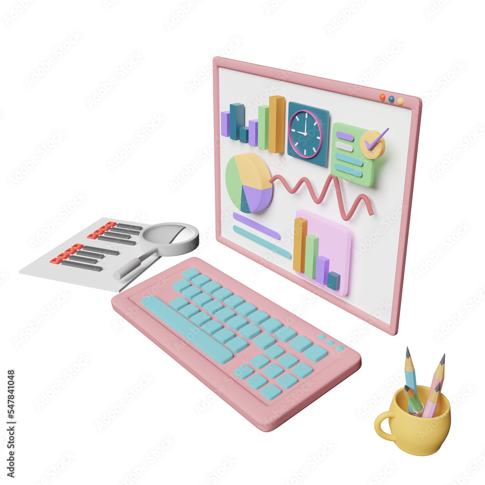 3d laptop computer with charts graph, analysis business financial data ...