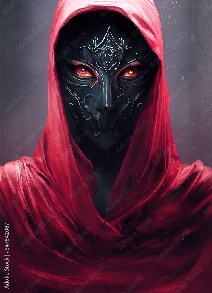 low angle of a female mage assassin wearing a black mask and a red hood ...