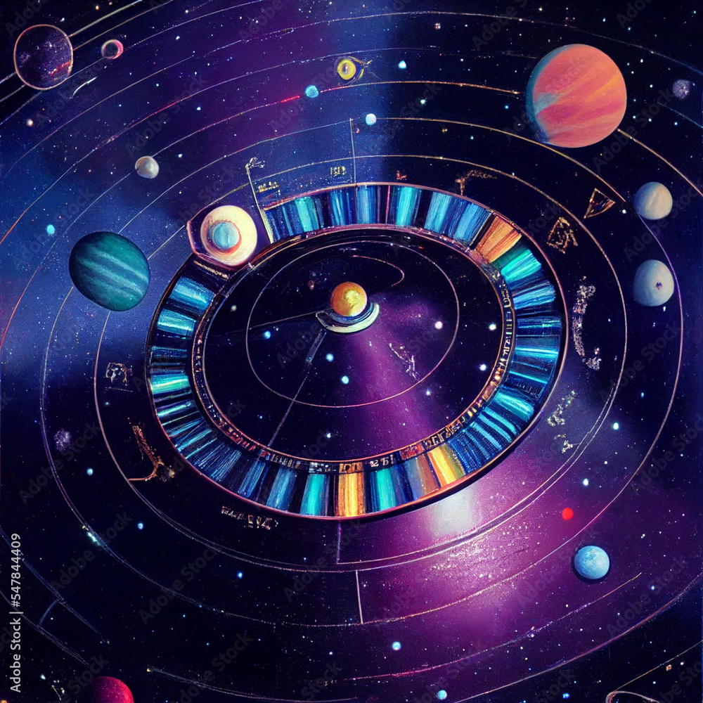 Roulette table as a galaxy out in space, planets orbit nearby and ...
