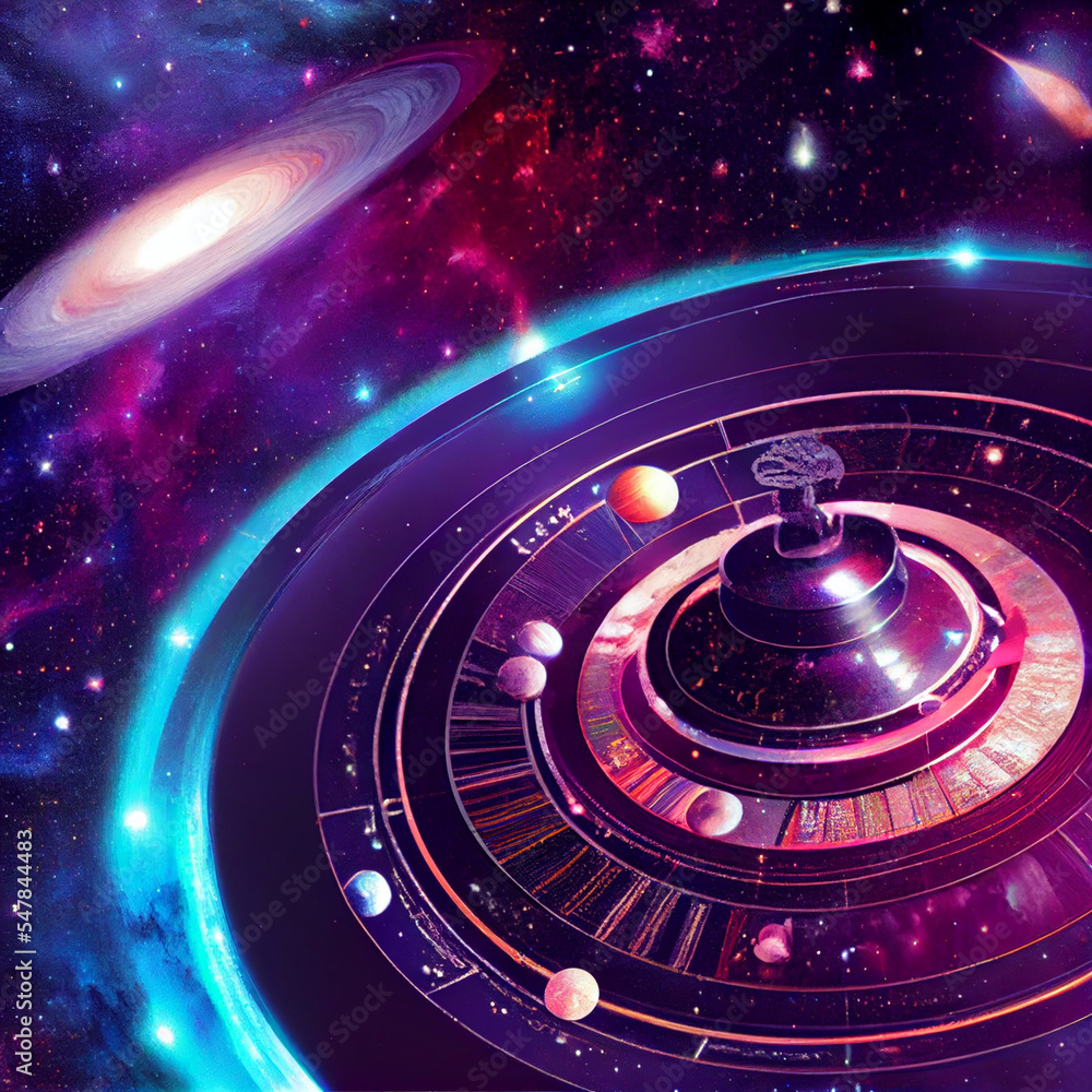 Roulette table as a galaxy out in space, planets orbit nearby and ...